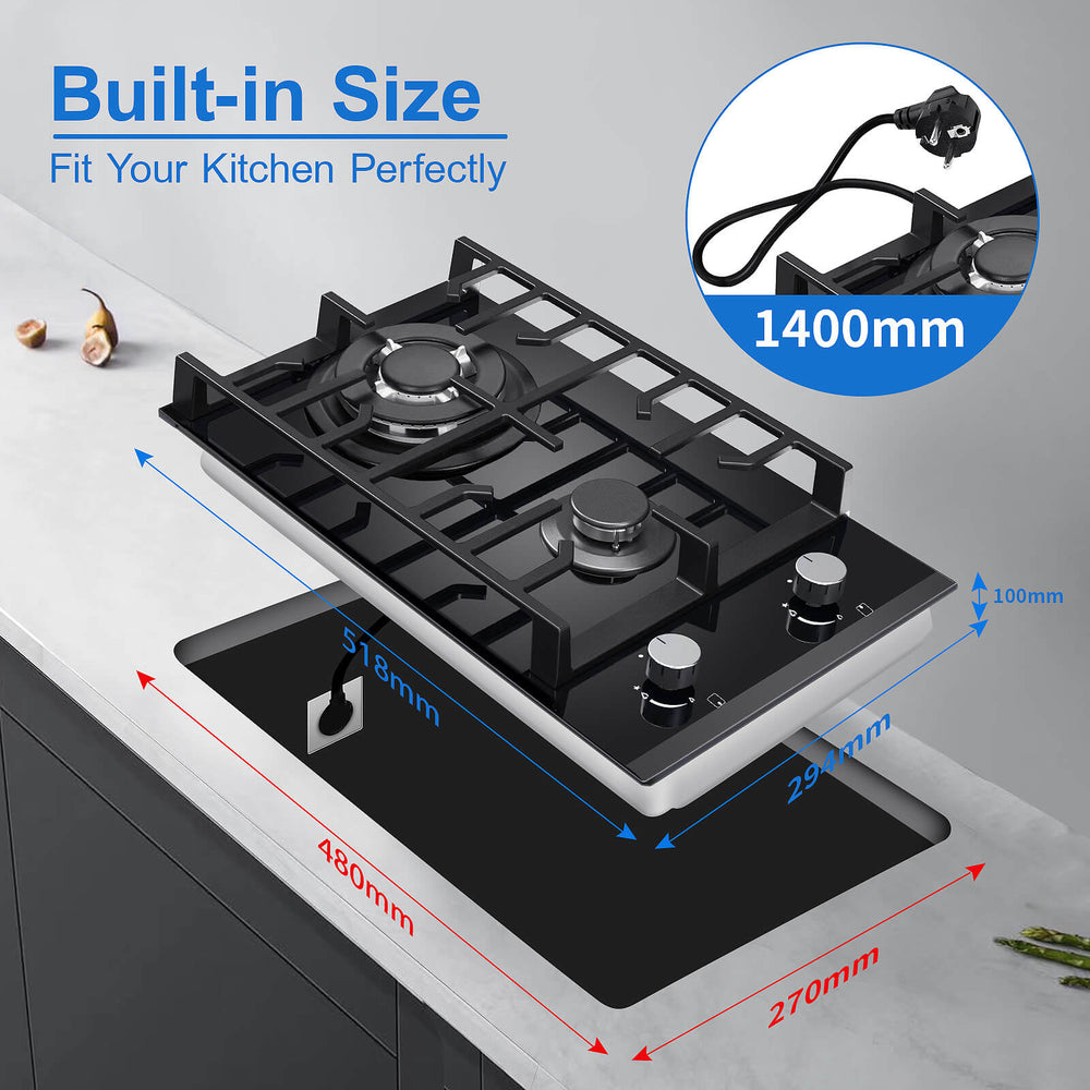 2 Burners Gas Hob, 30cm Built in Glass Hob NG/LPG Convertible Black ...