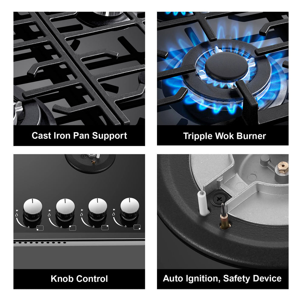 Gas Stove 4 Burners 60cm Black Glass Gas Hob Built in Gas Cooktop NG ...